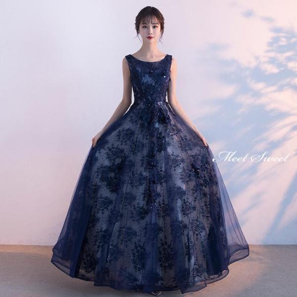 カラードレスロングドレスネイビー花柄ノースリーブパーティードレスウェディングドレスS＆Lウエディングドレス結婚式二次会披露宴花嫁演奏会発表会