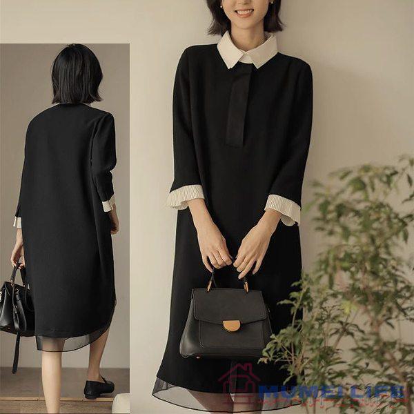 品質重視ブラックワンピース　ストレートライン　白襟　上品　長袖　株式会社S＆L ひざ下丈　20代30代40代50代60代入学式卒園式卒業式結婚式パーティー