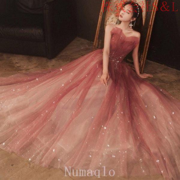 イブニングドレスワイン赤グラデーションロングドレススパンコール発表会ドレスノースリーブワインレッド結婚式ドレス二次会ドレス20代30代