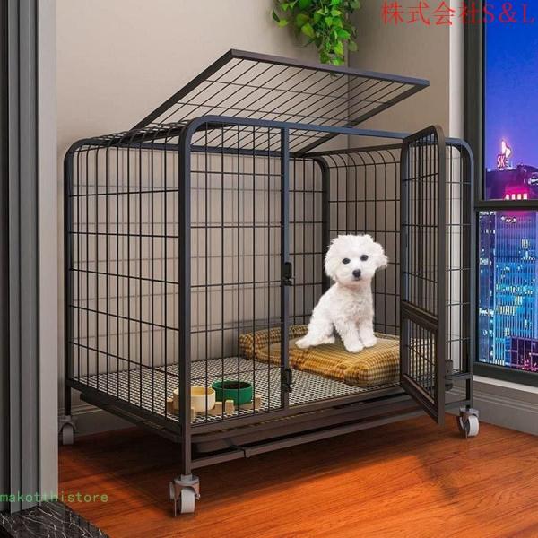 犬ケージ犬用サークル犬小屋，頑丈なステンレス鋼犬用ケージ犬小屋S＆L室内/屋外中型犬ケージ，金属製の犬用ケージクレートトレイとキャスター付きで、トップ
