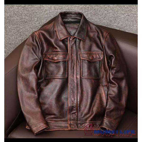 新品推薦☆アメカジ ダスト/ユーズド加工☆カウハイド メンズ 革ジャン 株式会社S＆L レザージャケット ジャンパー ブラウン