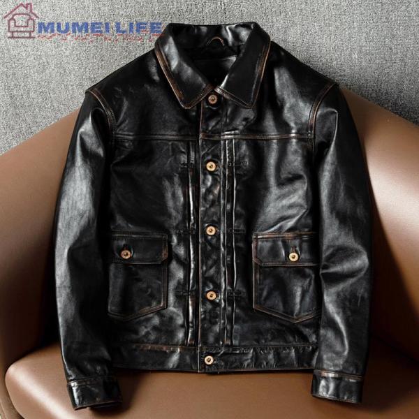 新入荷☆カウハイド 50'スタイル ダブルライダース レザージャケット 茶芯ブラック サイズ選択可 株式会社S＆L タンニンなめし イタリアンレザー馬革