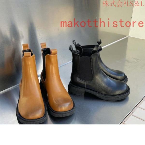 本革 サイドゴアブーツサイドゴアショートブーツ 厚底 レディースラウンドトゥ靴ミドル丈チェルシーブーツ株式会社S＆L ベルト飾りスムース