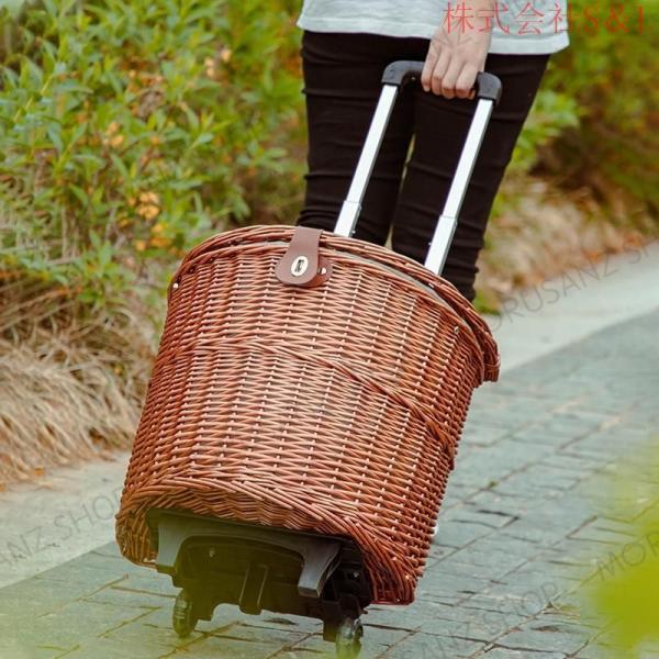 ピクニックバスケットかごおしゃれ籐プーリー付き籐編み春遊び収納