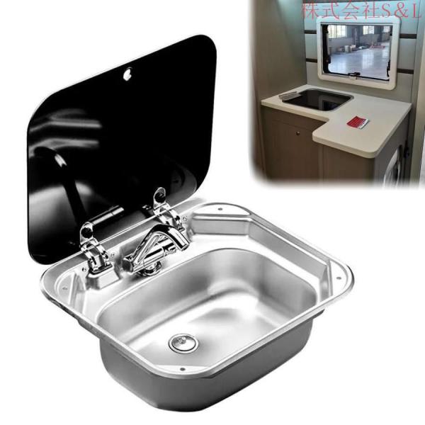 RVキッチンバー用キャラバンRVシンクRV用シンクステンレススチールRVシンクセット、キャラバンキャンピングカードロップインシンクS＆L蛇口とガラス蓋付き