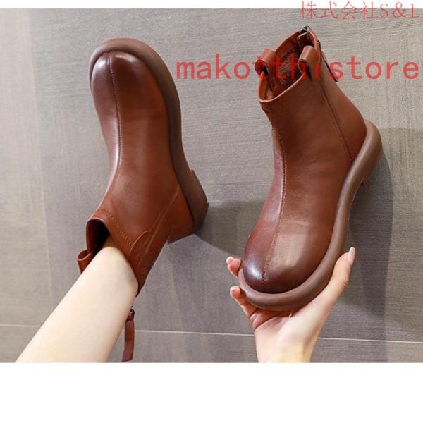 大きいサイズ レディース ショートブーツ 本革 柔らかい フラット ぺたんこ ヒール ファスナー付き おしゃれ カジュアル 黒 レザー S＆L母の日プレゼント