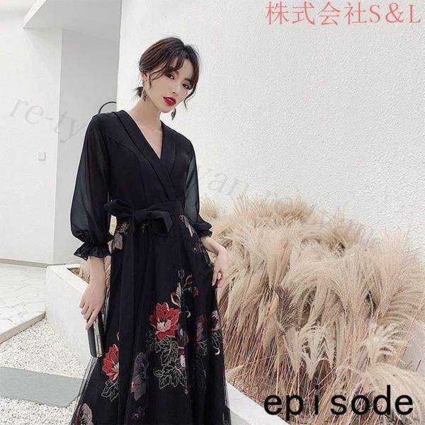 お呼ばれドレスパーティードレスイブニングドレスロングドレス20代30代40代袖あり大きいサイズお呼ばれS＆L着痩せ花嫁発表会卒業会二次会フォーマル花柄