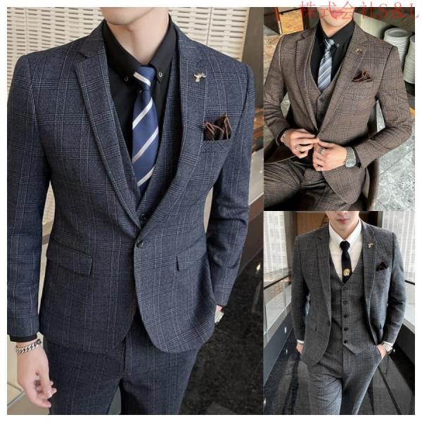 メンズ スーリピーススーツ 三点セット チェック柄 ビジネススーツ スーツ セットアップ スリム きれいめ 株式会社S＆L忘年会 結婚式