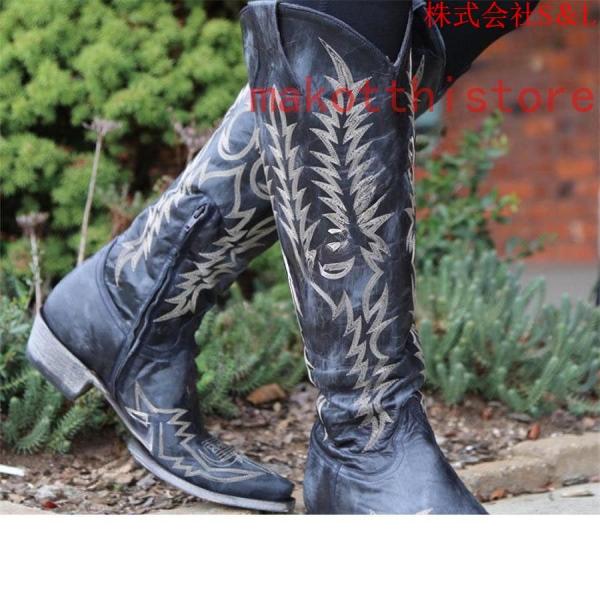 ウエスタンブーツレディースロングブーツ太ヒールウエスタンカジュアル大人ロングブーツS＆L低ヒールローヒールウェスタンウェスタンブーツ女性美脚