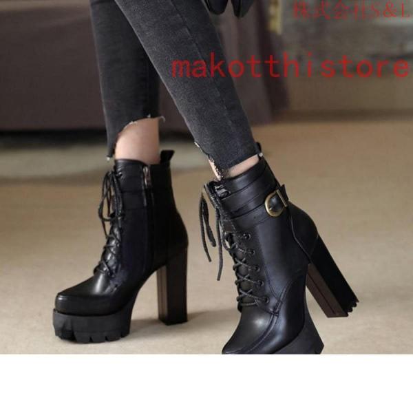 11.5cm レディース ショートブーツ 厚底 太ヒール サンダル レースアップ 編み上げ 黒 ブラック コスプレブーツ S＆Lライブ ゴスロリ パンク ロックファッション