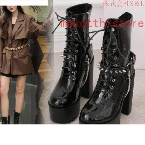 ショートブーツ ジャンヌ ダルク風 太ヒール 編み上げブーツ レースアップ S＆L 袴ブーツ パンク靴 大きいサイズ 24.0cm サイドジップ 歩きやすい チェーン付き