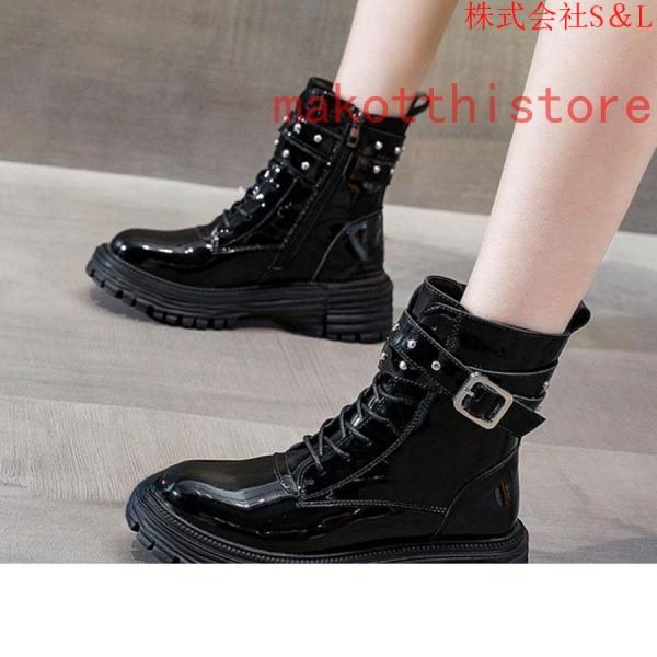 5cmレディースショートブーツ厚底太ヒールサイドジッパー付きS＆Lレースアップ編み上げ黒ブラックコスプレブーツライブゴスロリパンククロスベルト