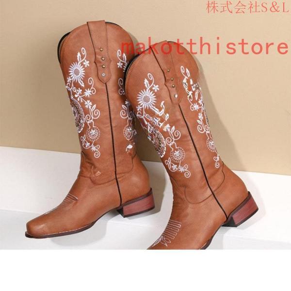 ウエスタンブーツレディース本革調ミドルブーツレディースブーツローヒールS＆L刺繍黒大きいサイズ25cm25.5cmミドルブーツステッチジョッキーブーツ