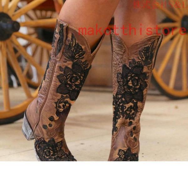 ウエスタンブーツレディース本革調ミドルブーツレディースブーツハイヒール刺繍黒大きいサイズミドルブーツステッチS＆Lジョッキーブーツ25cm25.5cm