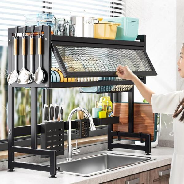 シンク上 食器 水切りラック 水切りかご 台所用品ホルダ キッチン収納棚 防塵キャビネット扉付き大容量 ディッシュラックS＆L 食器乾燥 省スペース組み立て簡単