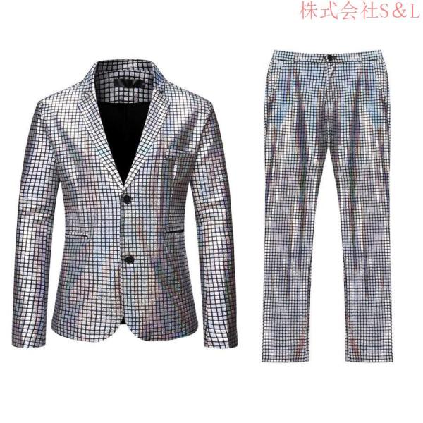 メンズスーツ2ピースラグジュアリーシャイニーラペルゴールドシルバーカジュアルビジネスウエディングスリムフィットメンズスーツ