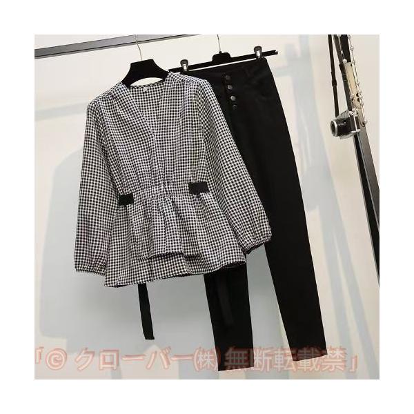 セットアップ レディース カジュアル 40代 春秋 長袖 2点セット クローバー株式会社 ブラウス シャツ Vネック ガウチョパンツ フォーマル 大きいサイズ おしゃれ 通勤 上品 着痩せ