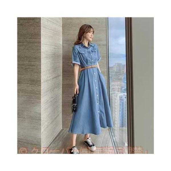 ワンピース デニム シャツ 夏 半袖 Aライン 前開き クローバー株式会社 お出かけ ポケット付き おしゃれ ジーンズ レディース 体型カバー 着痩せ デート カジュアル キレイめ