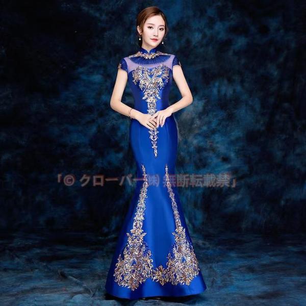 マーメイドドレス タイト フレア イブニングドレス 30代 40代 チャイナドレス クローバー株式会社 立ち襟 パーティードレス スパンコール 背開き お洒落 演奏会