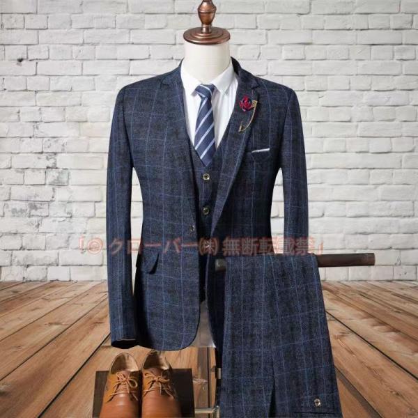 スリーピーススーツ3ピーススーツビジネススーツスーツセット３点セットチェック柄細身セットアップ結婚式紳士服 クローバー株式会社