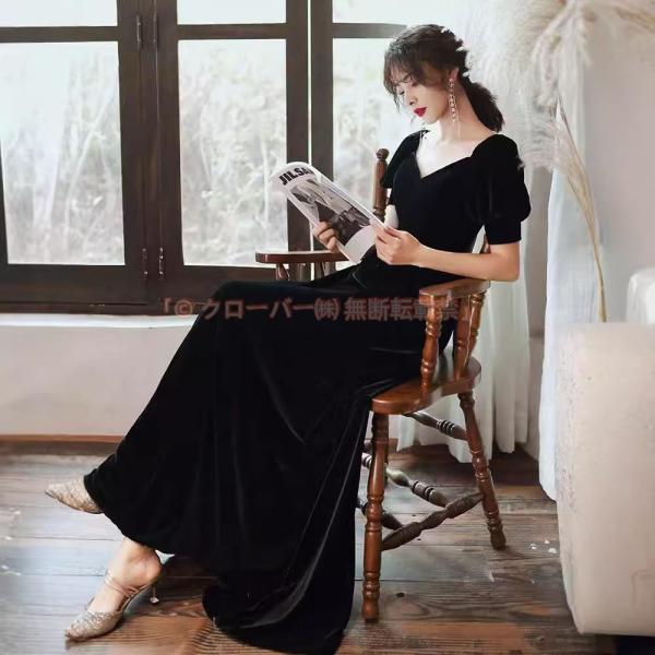 イブニングドレス 黒 ベロア ベルベット ロングドレス 結婚式ドレス 二次会ドレス クローバー株式会社 発表会ドレス パフスリーブ Vネック パーティードレス 半袖 Aライン ロング丈