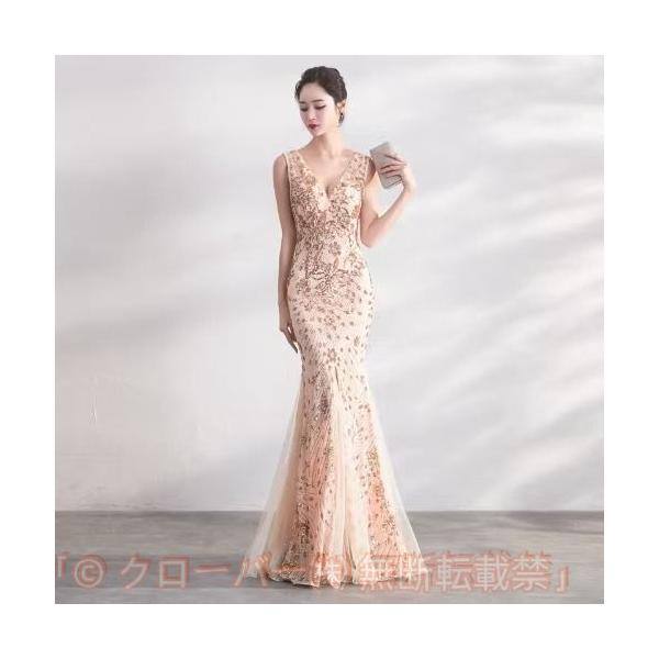 マーメイドドレス ロング Vネック ノースリーブ イブニングドレス スパンコール 金色 クローバー株式会社 黒 赤 パーティードレス 二次会 お呼ばれドレス