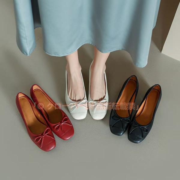 パンプス スクエアトゥ バレエシューズ 本革 柔らかい バレエ 3cmヒール クローバー株式会社 疲れない ぺたんこ フラットシューズ レディース スクエアトゥバレエシューズ リボン