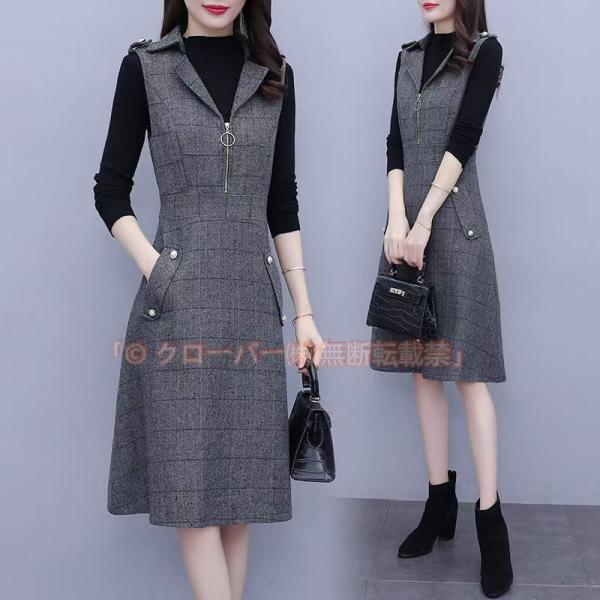 ワンピースセットアップ レディース 40代 秋冬新作 長袖ニットトップス チェック柄 サロベットスカート クローバー株式会社 ワンピースセットアップ オシャレ 大人 着痩せ 上品