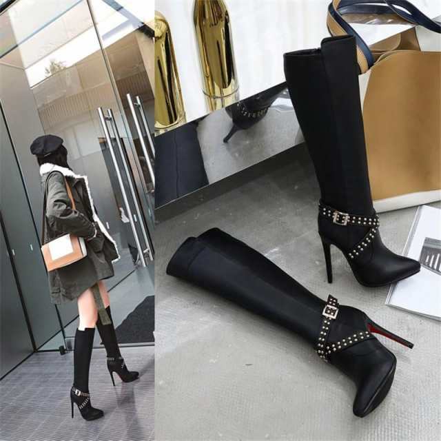 ロングブーツ 22cm?26.5cm 防寒ブーツ シューズ 大きいサイズ ピンヒールブーツ レディース長靴 ハイヒール 裏起毛 美脚 ジョッキーブーツ 疲れない