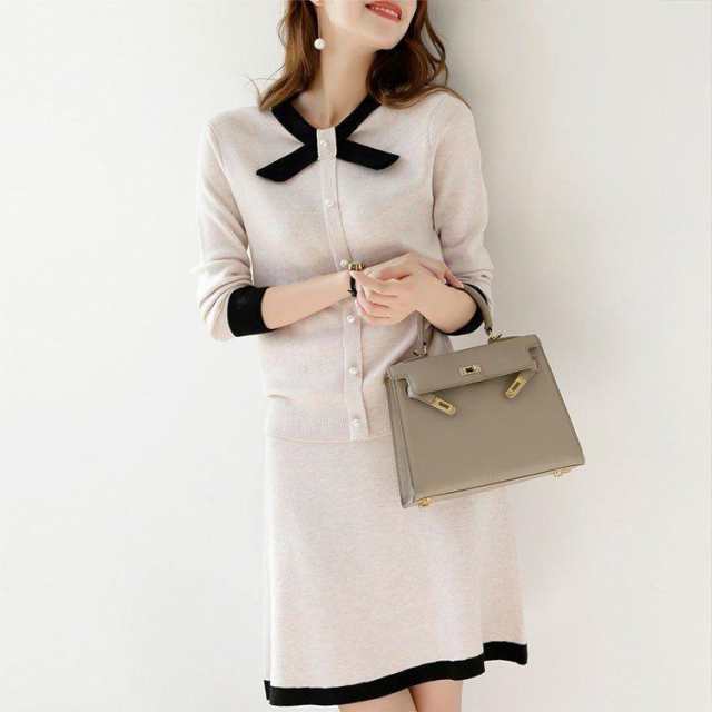 セットアップ レディース 秋冬 韓国風 きれいめ 上下セット 長袖 トップス 2点セット スカート ニットセット カジュアルセット 通勤 オシャレ 2色