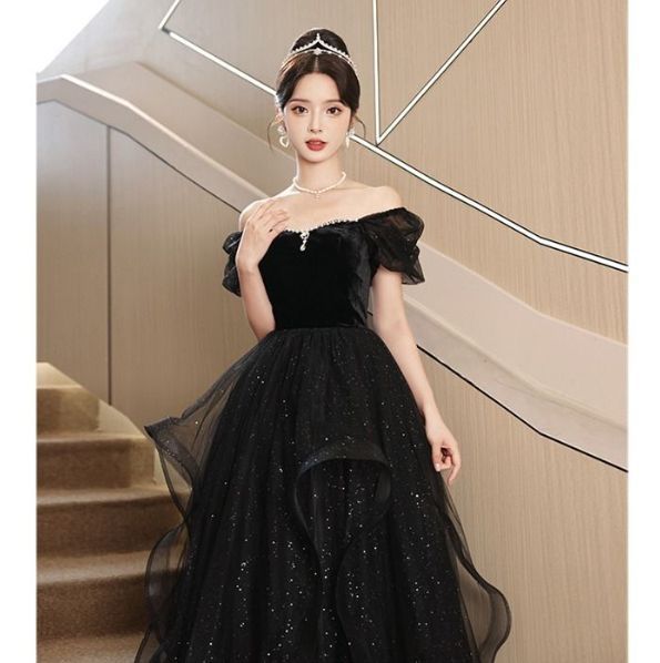 パーティードレス ロング 袖あり ロングドレス 黒 結婚式 お呼ばれ ドレス 演奏会 袖付き 花嫁ドレス フォーマルワンピース Aライン ボリューム袖 卒業式 入学式 シンプル 20代 30代 40代