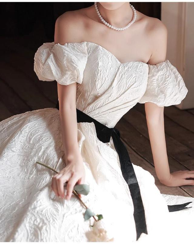 ウェディングドレス ウエディングドレス パフスリーブ オフショルダー 2way ブライダル ロングドレス 花嫁 プリンセスドレス プリンセスライン 半袖 二次会 結婚式 前撮り