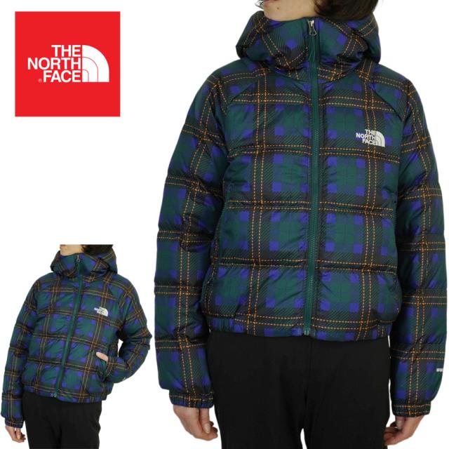 ノースフェイス THE NORTH FACEレディース ダウン ジャケットW PRINT HYDRENALITE HOODIEウィメンズダウンパーカーPDRGNMICPLDTRNT ポンデローザグリーンプリントグースダウン ストリート ショート チェック柄
