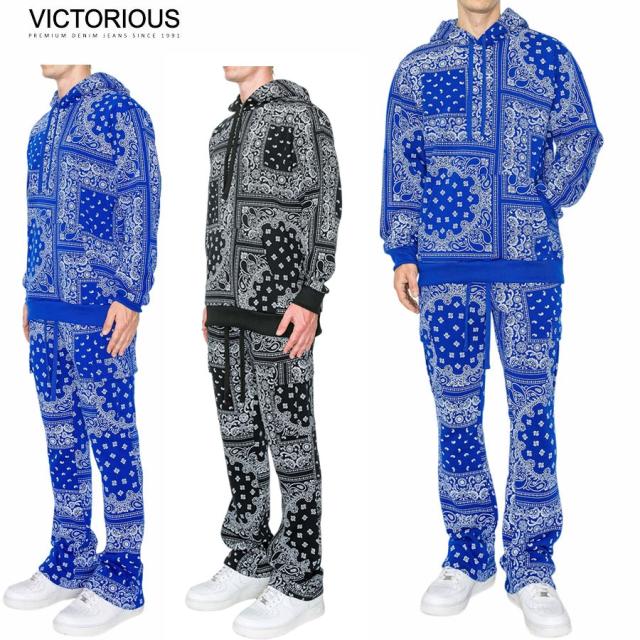 VICTORIOUS ビクトリアスメンズ セットアップBandana Pullover Cargo Flared Fleece Setバンダナ柄 ペイズリー柄 パーカー フレア カーゴパンツBLUE ロイヤルブルー BLACK ブラック白 青 黒 ストリート オーバーサイズ バンダナ ロサンゼルス