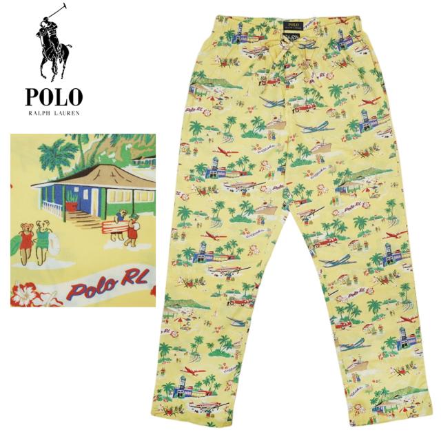 ラルフローレンPOLO RALPH LAUREN ポロラルフローレン メンズ ビーチリゾート柄 コットンパンツポロベアー POLO BEAR くま キャラクターリラックス リゾート ルームウェアロゴ パジャマパンツ 黄色 イエロー