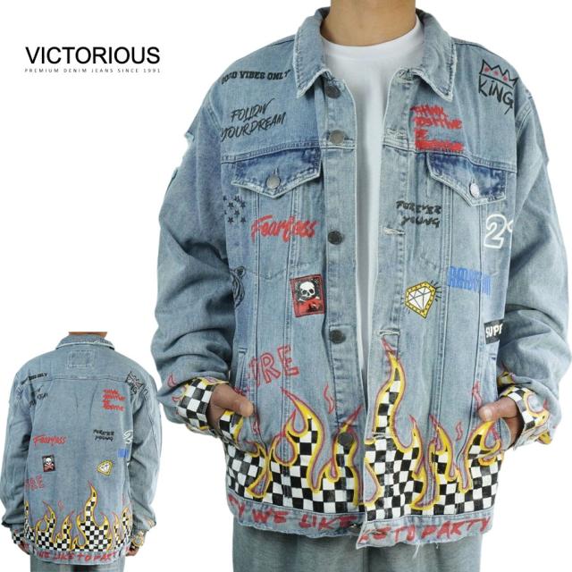 VICTORIOUS ビクトリアスメンズ デニムジャケットWE LIKE TO PARTY DENIM JACKETペイントデニムジャケットINDIGO(インディゴ) チェッカーボード 赤 紺 黒 白 Gジャン ペイント ストリート オーバーサイズ ロサンゼルス