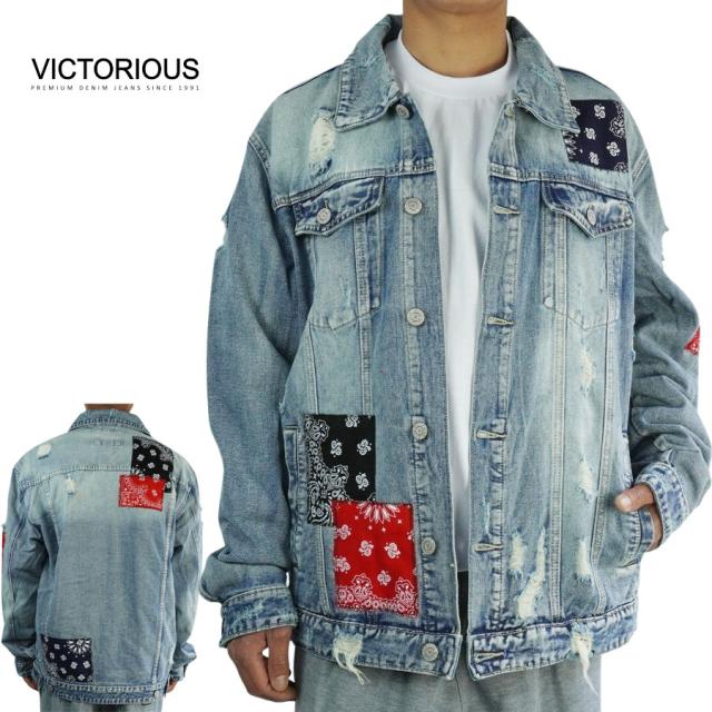 VICTORIOUS ビクトリアスメンズ デニムジャケットBANDANA PATCH DENIM JACKETバンダナパッチ付きデニムジャケットINDIGO(インディゴ) ペイズリー 赤 紺 黒 白 Gジャン 加工 ストリート オーバーサイズ ロサンゼルス