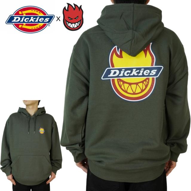 DICKIES ディッキーズメンズ パーカーDICKIES x SPITFIRE HOODIE ディッキーズ × スピットファイア フーディーOLIVE GREEN オリーブグリーン ロゴ キャラ コラボスケーター TATOO ローライダー 作業着 大きめ