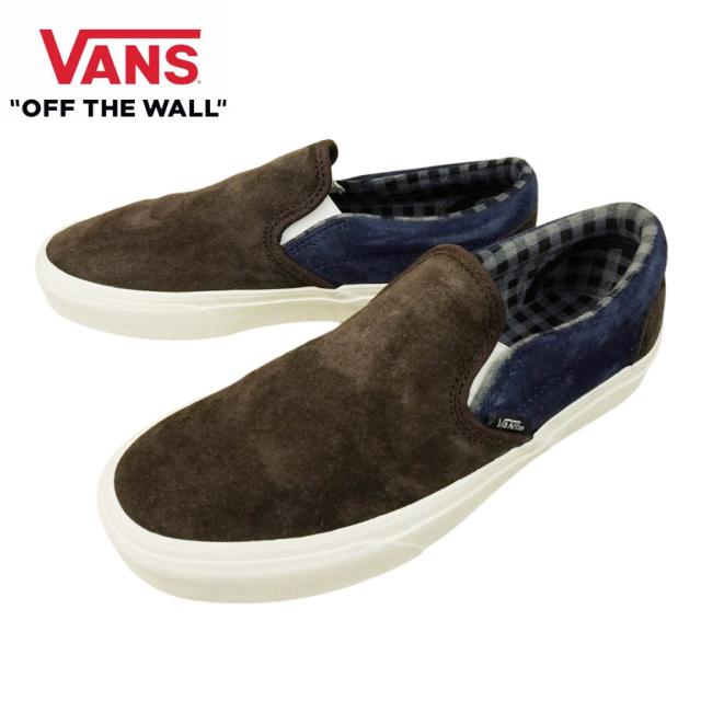 VANS スニーカーVANS ヴァンズ バンズ【箱なし】CLASSIC SLIP ON スリッポン スリップオンPIG SUEDE PLAID BROWN/NAVY ピッグスエードブラウン/ネイビー茶 紺 チェック スウェード レザーメンズ レディース スニーカー 靴 紐無し
