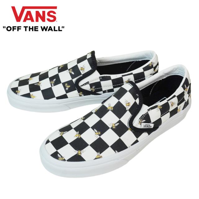 VANS スニーカーVANS ヴァンズ バンズ【箱なし】CLASSIC SLIP ON スリッポン スリップオンBEE CHECK BLACK/TRUE WHITE ビーチェック ブラックホワイトチェッカーボード 蜂 ハチ キャラクターメンズ レディース LA 靴 紐無し
