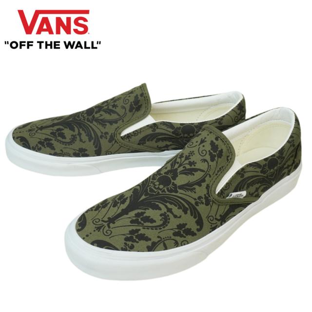 VANS スニーカーVANS ヴァンズ バンズ【箱なし】CLASSIC SLIP ON スリッポン スリップオンSKULL TAPESTRY GRAPE LEAF スカル タペストリー グレープリーフグリーン カーキ ガイコツ スケルトン 花柄メンズ レディース LA 靴 紐無し