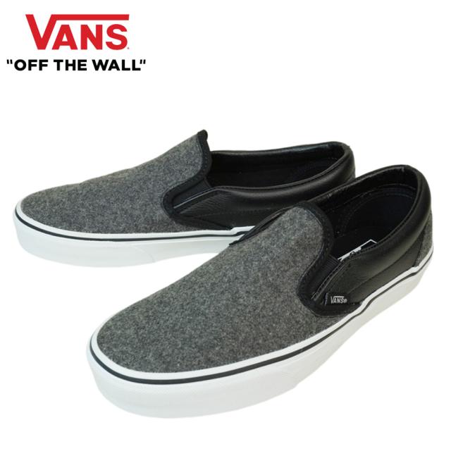 VANS スニーカーVANS ヴァンズ バンズ【箱なし】CLASSIC SLIP ON スリッポン スリップオンWOOL/LEATHER BLACK ウール レザー ブラック黒 革 羊毛 チャコール グレー 灰色メンズ レディース LA 靴 紐無し
