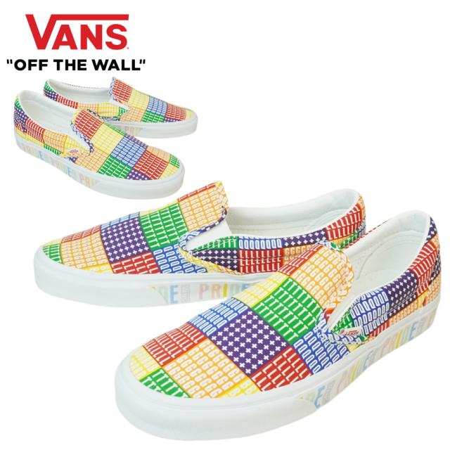 VANS スニーカーVANS ヴァンズ バンズ【箱なし】CLASSIC SLIP ON スリッポン スリップオンPRIDE MULTI/TRUE WHITE プライド マルチ トゥルーホワイトレインボー LGBTQ+ 総柄 ロゴメンズ レディース LA 靴 紐無し