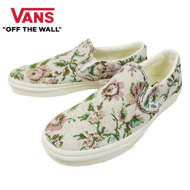 VANS スニーカーVANS ヴァンズ バンズ【箱なし】CLASSIC SLIP ON スリッポン スリップオンTAPESTRY FLORAL MARSHMALLOWタペストリー フローラル マシュマロジャガード ベージュ オフホワイト ピンク お花 刺繍メンズ レディース スニーカー