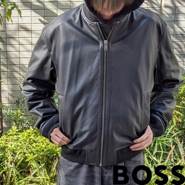 ボス BOSS レザージャケット メンズ ブルゾン レギュラーフィットジャケット テクスチャードレザー ラムレザー ブラック 黒 JOBRICE BOMBER JACKET【送料無料】
