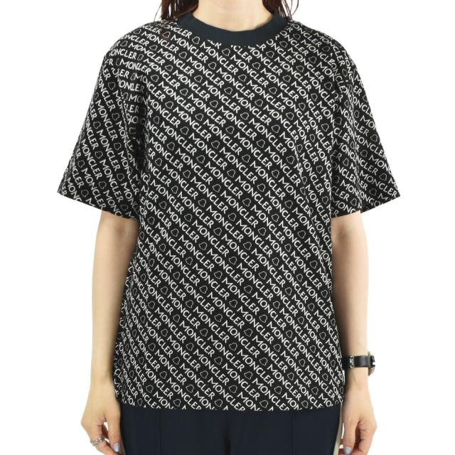モンクレール Tシャツ レディース 半袖 カットソー クルーネック ロゴパターン ブラック 黒 MONCLER 【送料無料】