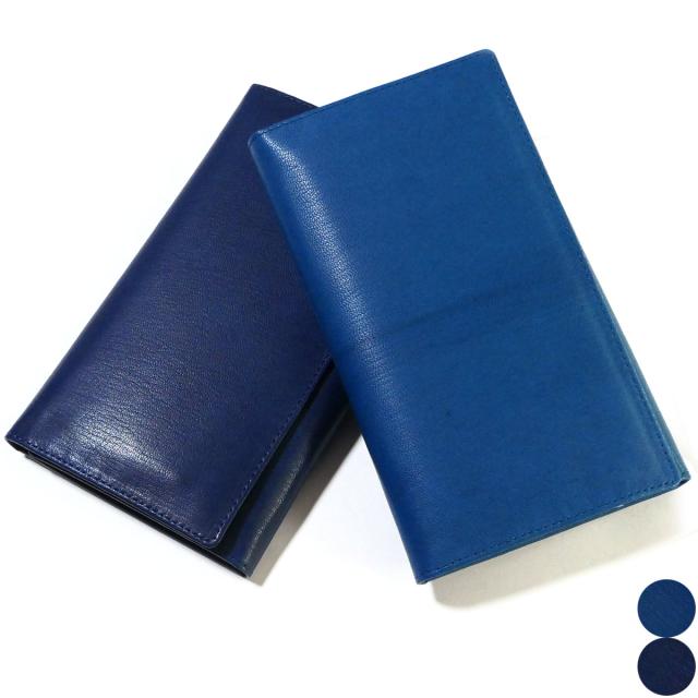 三つ折り財布 長財布 マチなし 薄型 ファスナー収納 パスポート 本革 山羊革 ヤギ革 ゴートレザー キッド インディゴ