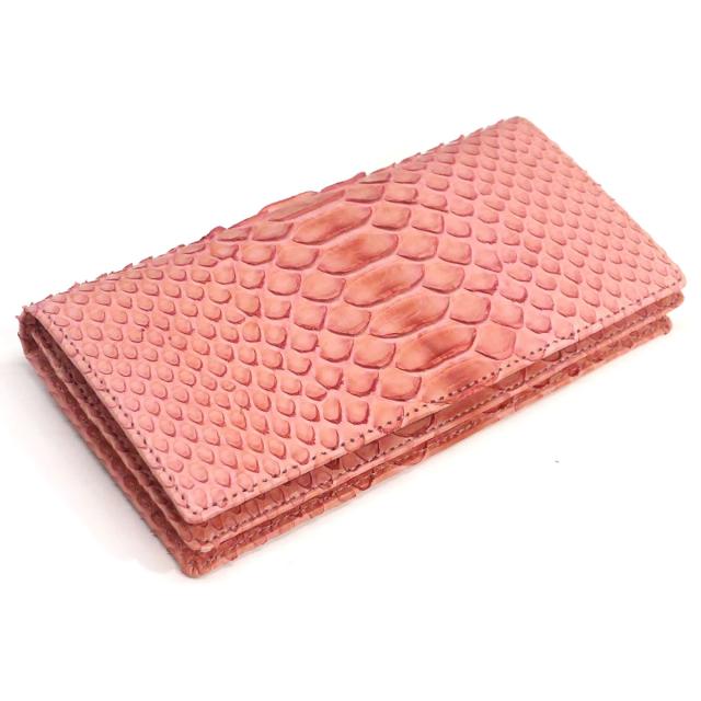 長財布 パイソン 財布 通しマチ 小銭入れあり 本革 蛇革 ヘビ革 パイソン革 草木染め ピンク 2