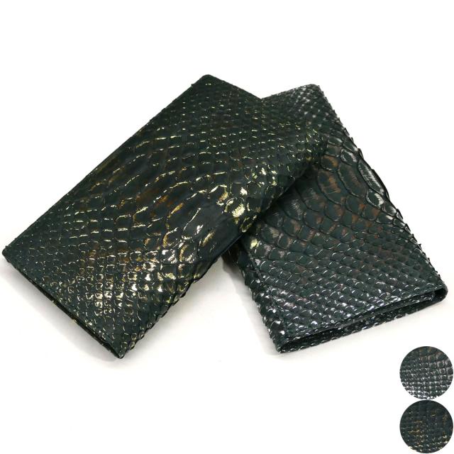 三つ折り財布 パイソン 蛇革 長財布 マチなし 薄型 ファスナー収納 パスポート 本革 ヘビ革 蛇革 パイソン革 リーフ グリーン