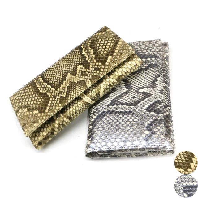 三つ折り財布 長財布 マチなし 薄型 ファスナー収納 パスポート 本革 ヘビ革 蛇革 パイソン革 モラレス パール